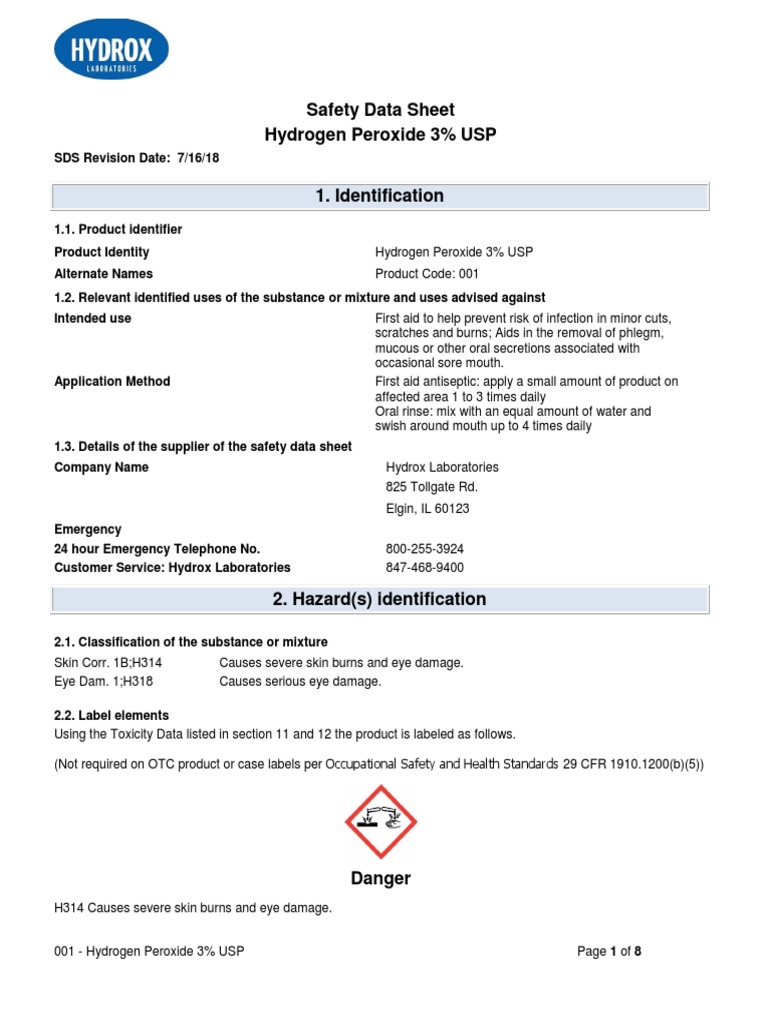 Msds HYDROGEN PEROX 3% | PDF | Toxicity | Hydrogen Peroxide