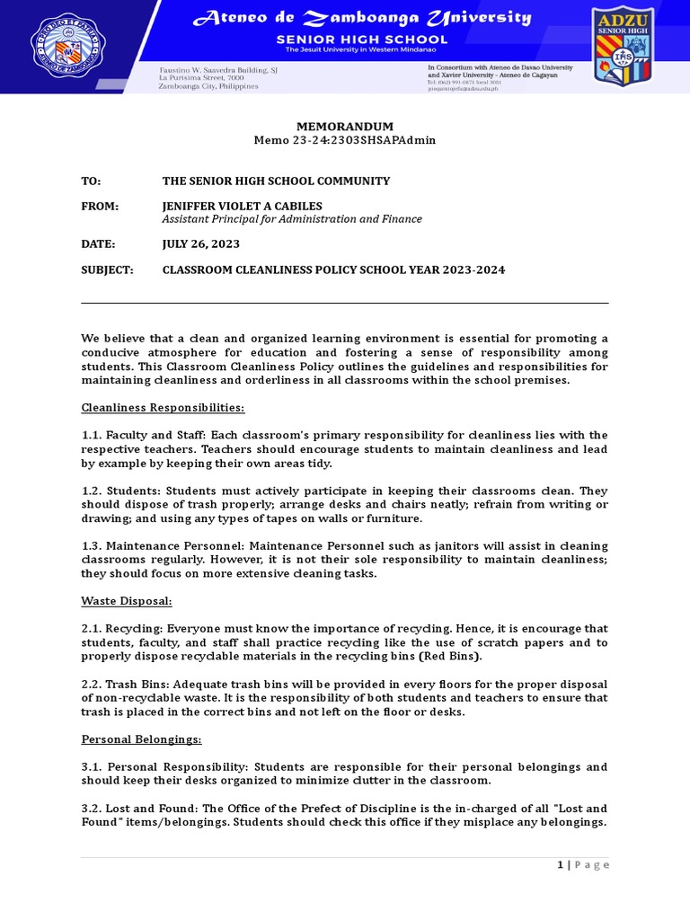 Memorandum-classroom-policy | PDF | Classroom | Waste