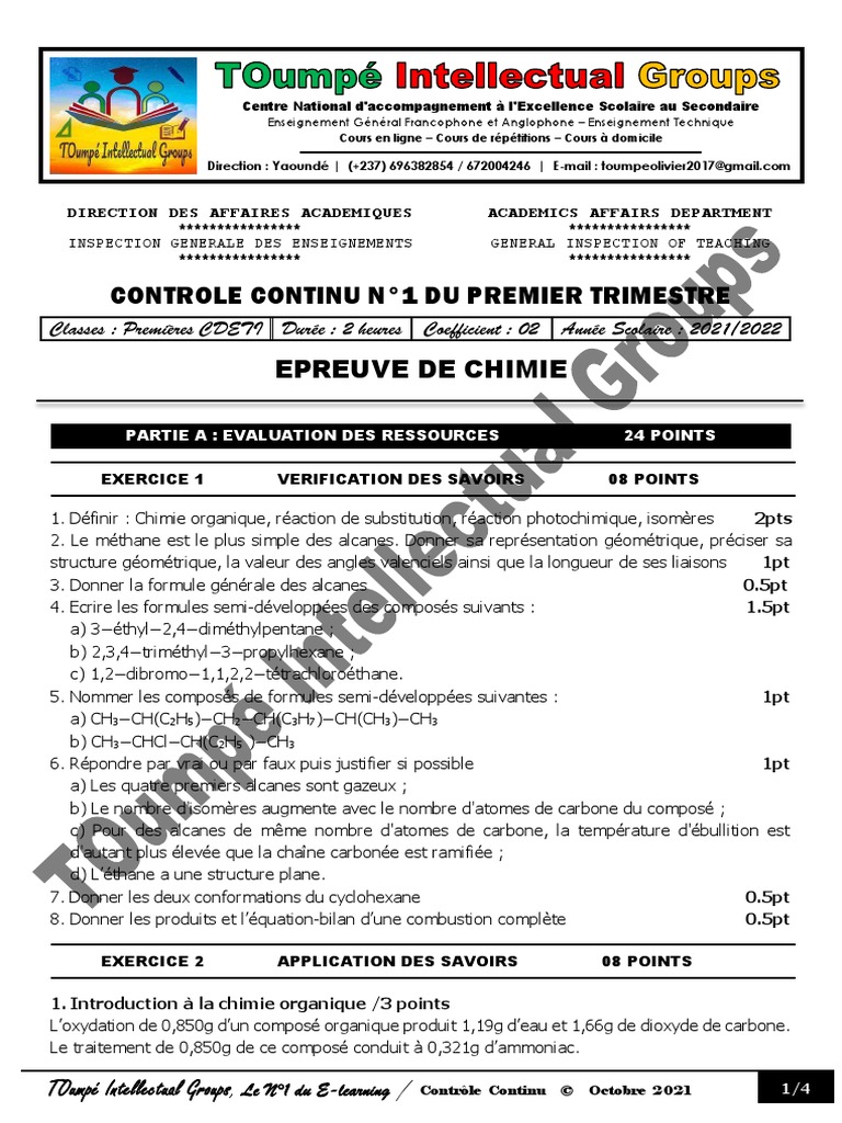 Chimie - Controle Continu N°1 Du Premier Trimestre - Première Cdeti ...