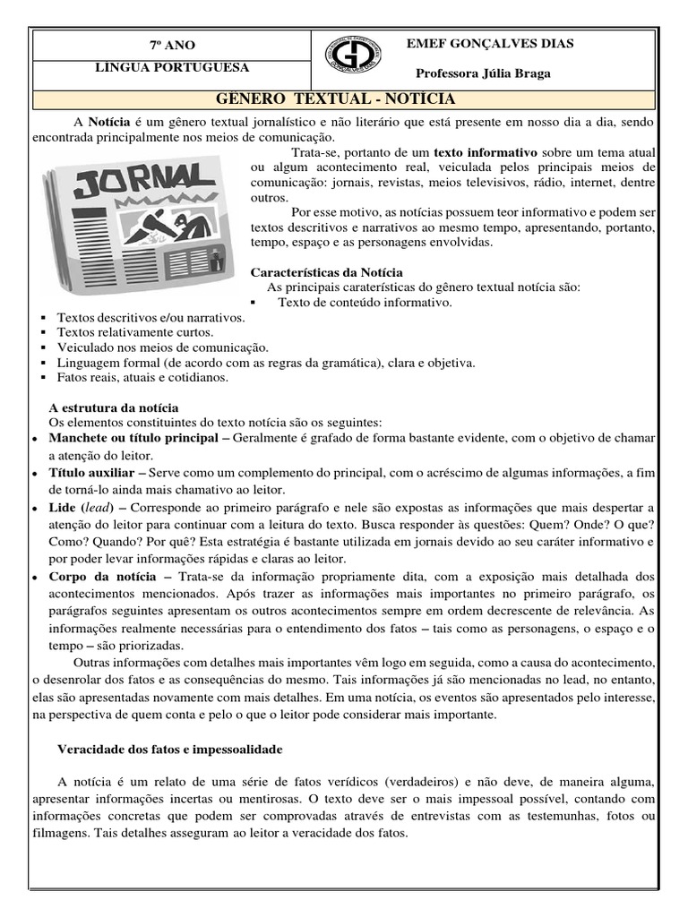 7º ANO - Gênero Textual Notícia - Parte 1 | PDF
