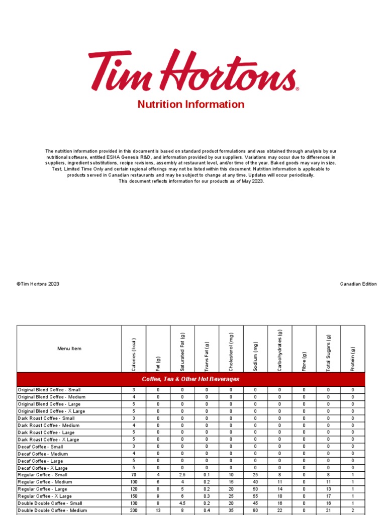 Tim Hortons Nutrition Guide - May 2023 | PDF | Doughnut | Nutrition ...