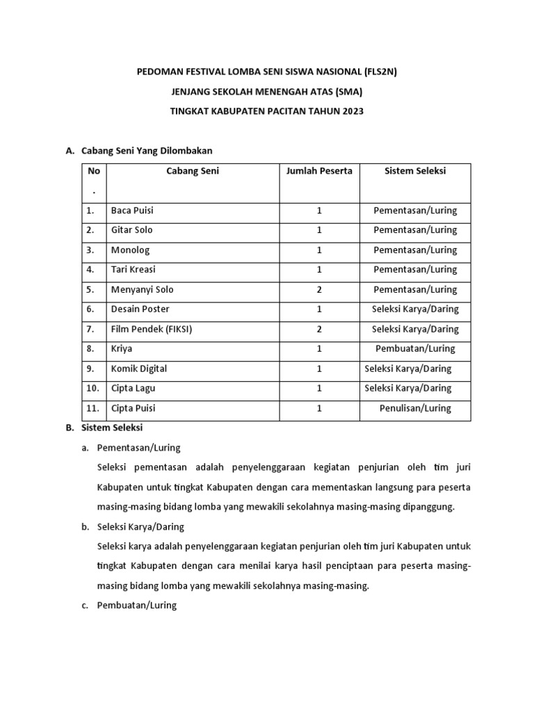 PEDOMAN FLS2N SMA Tingkat Kabupaten Pacitan 2023 | PDF | Seni & Disiplin Bahasa | Kajian Bahasa ...