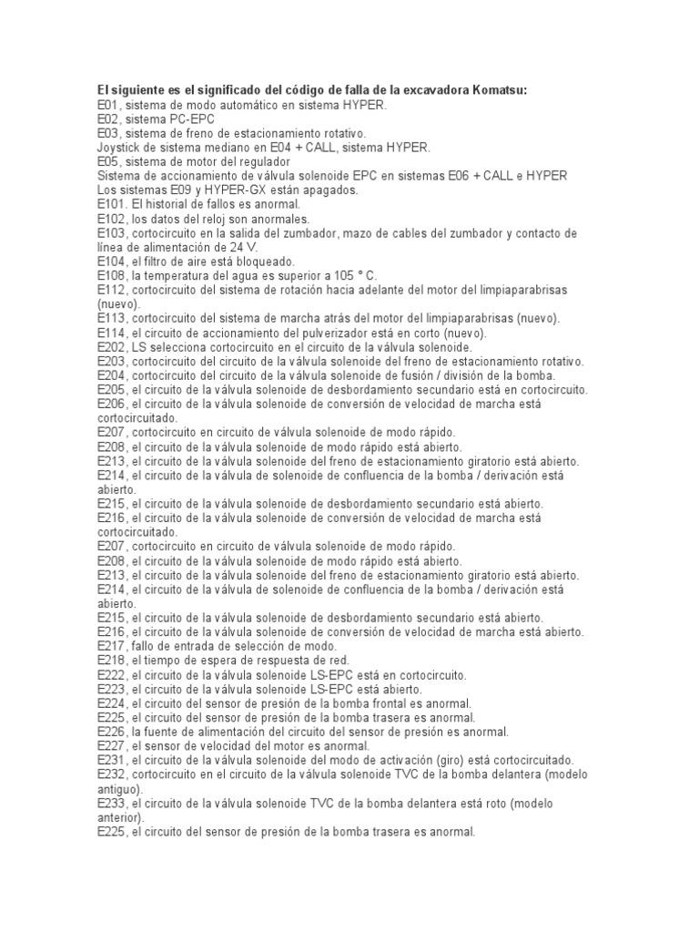 Códigos de Falla Excavadora Komatsu | PDF | Fuente de alimentación | Bienes manufacturados
