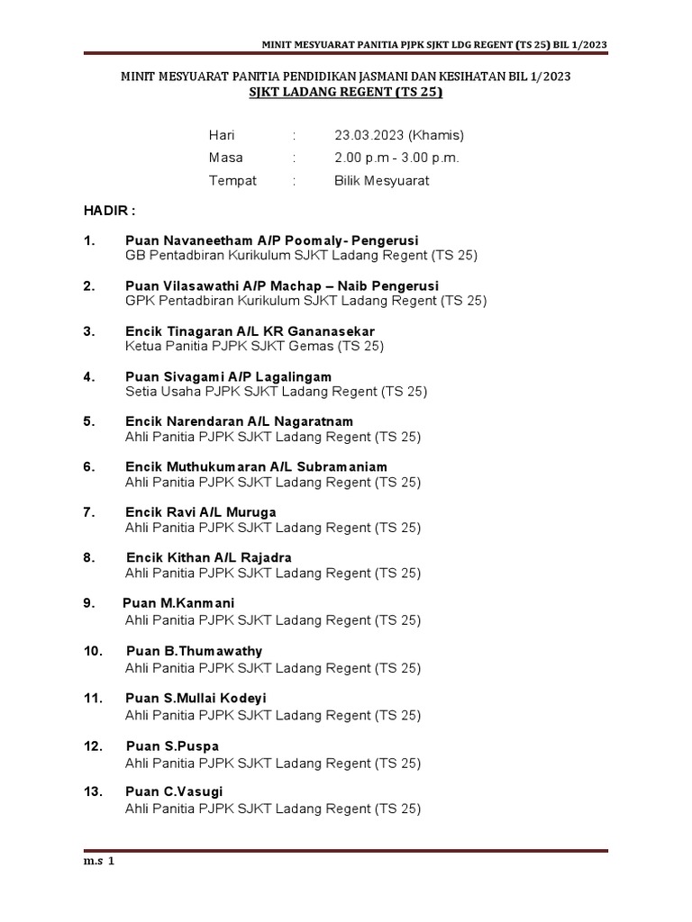 Minit Mesyuarat Panitia PJPK Bil 1 - 2023 | PDF