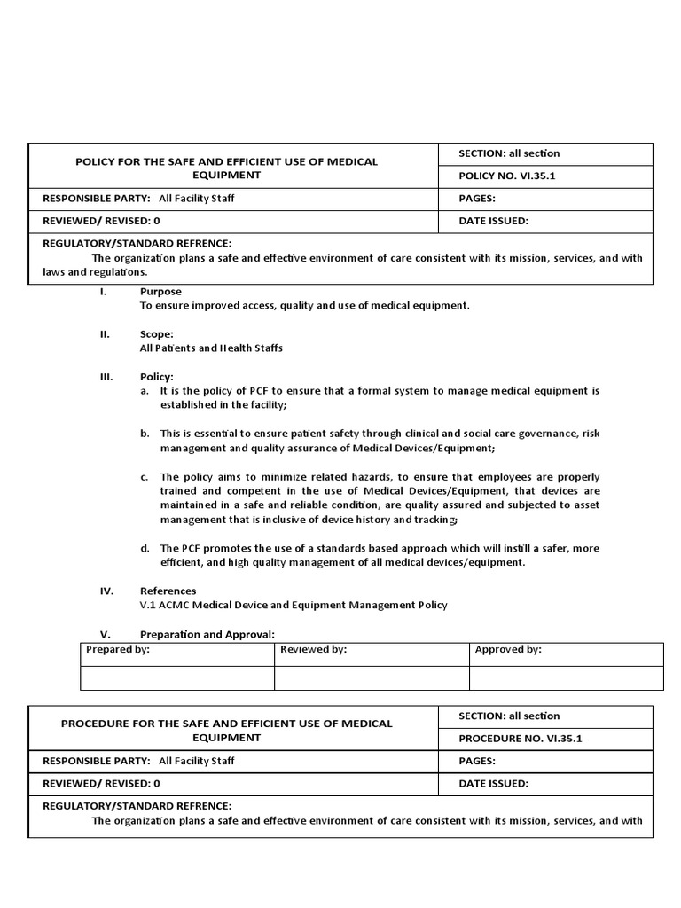 Policy For The Safe and Efficient Use of Medical Equipment | PDF ...