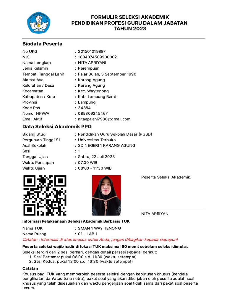 Kartu Ujian Akademik Nita - Apriyani 2307200914 | PDF