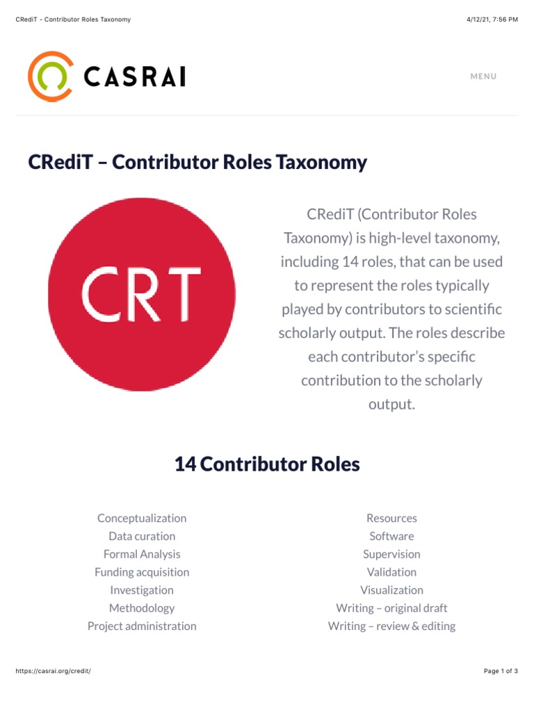 CRediT - Contributor Roles Taxonomy | PDF | Software | Data