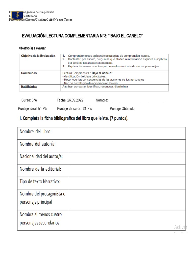 5°A Evaluación Bajo El Canelo | PDF
