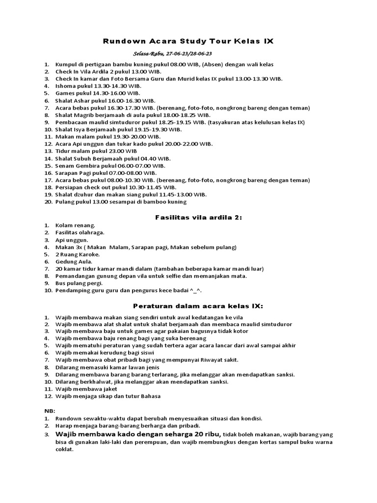Fix Rundown Acara Study Tour Kelas IX | PDF
