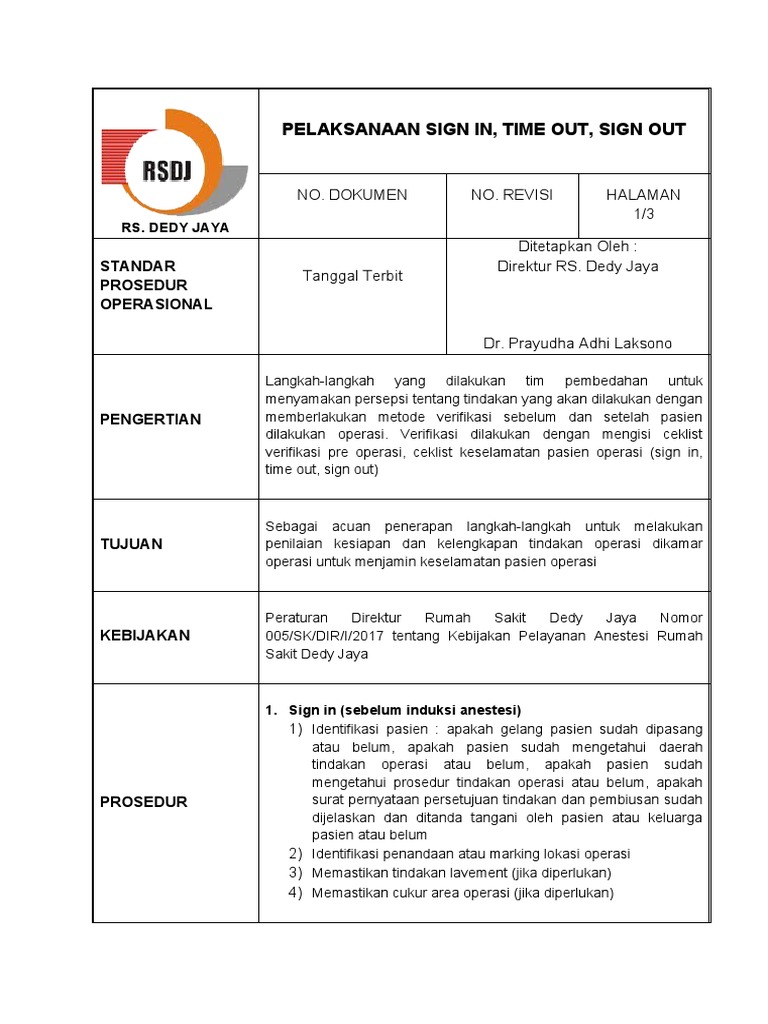 PELAKSANAAN SIGN IN, TIME OUT, SIGN OUT Revisi | PDF