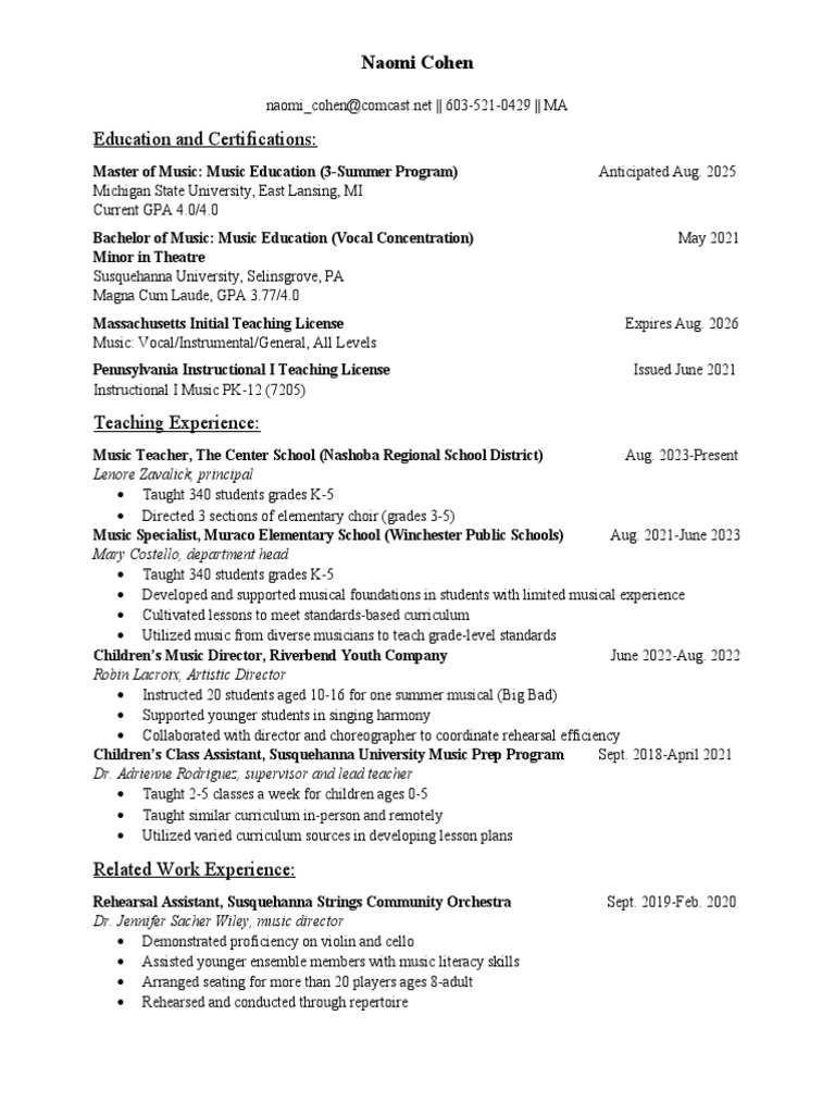 Naomi Cohen Resume | PDF | Choir | Music Performance