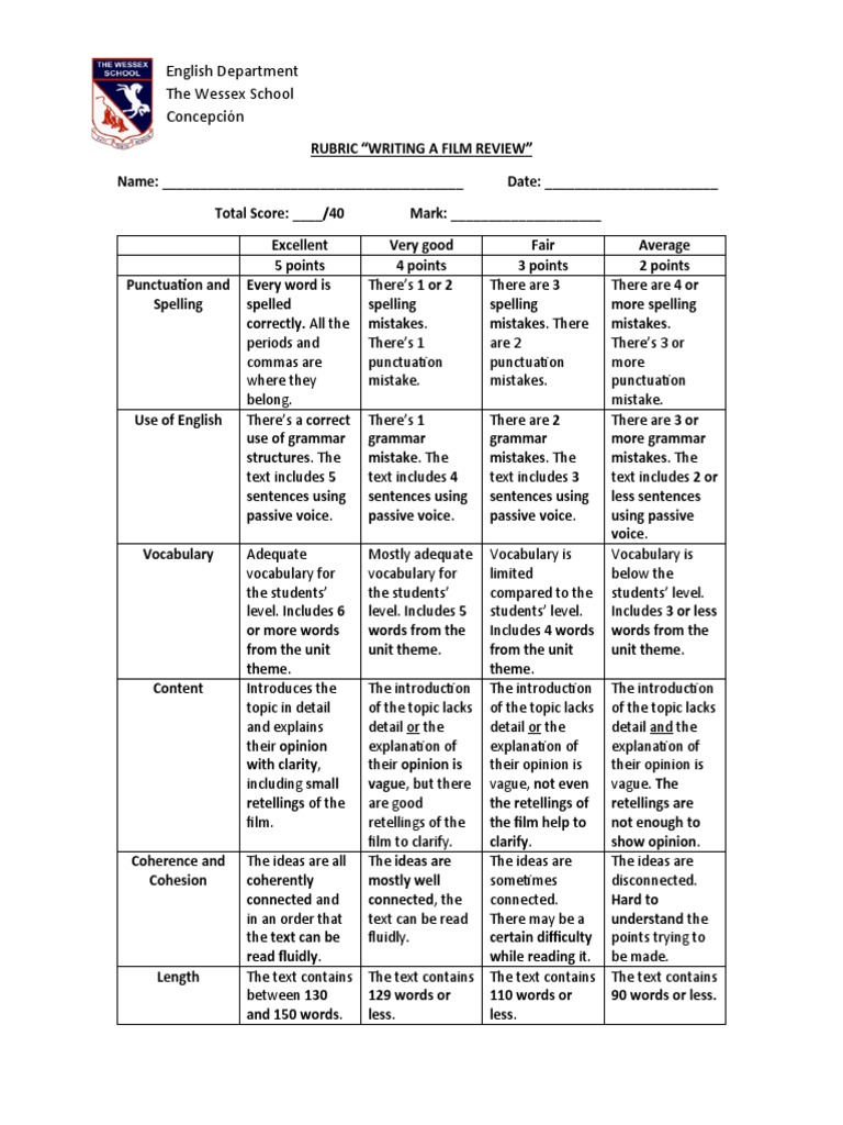 Rubric Film Review 1st Medio | PDF | English Language | Punctuation