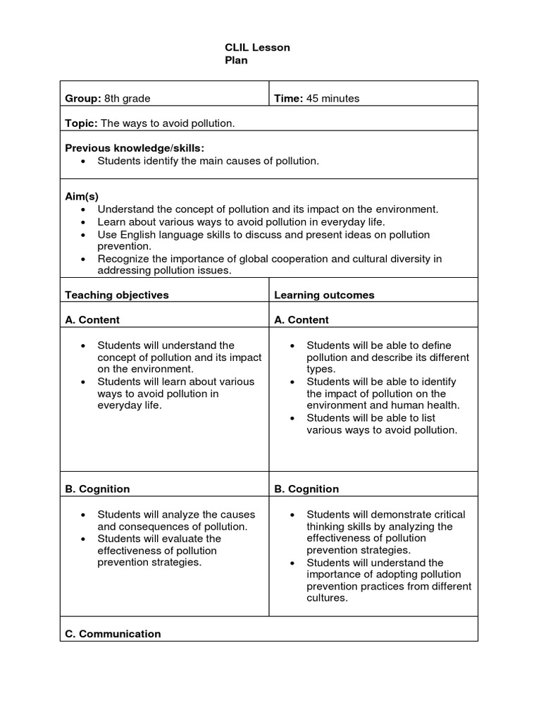 CLIL Lesson Plan: Pollution Prevention | PDF | Pollution | Learning