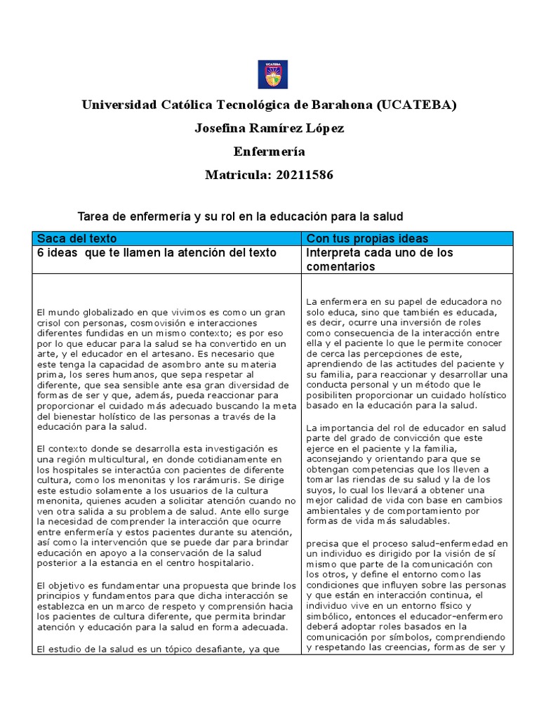 Tarea de Enfermería y Su Rol en La Educación Para La Salud | PDF ...