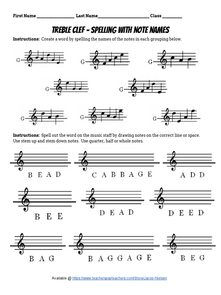 Treble Clef - Spelling With Note Names: Use Stem Up and Stem Down Notes ...