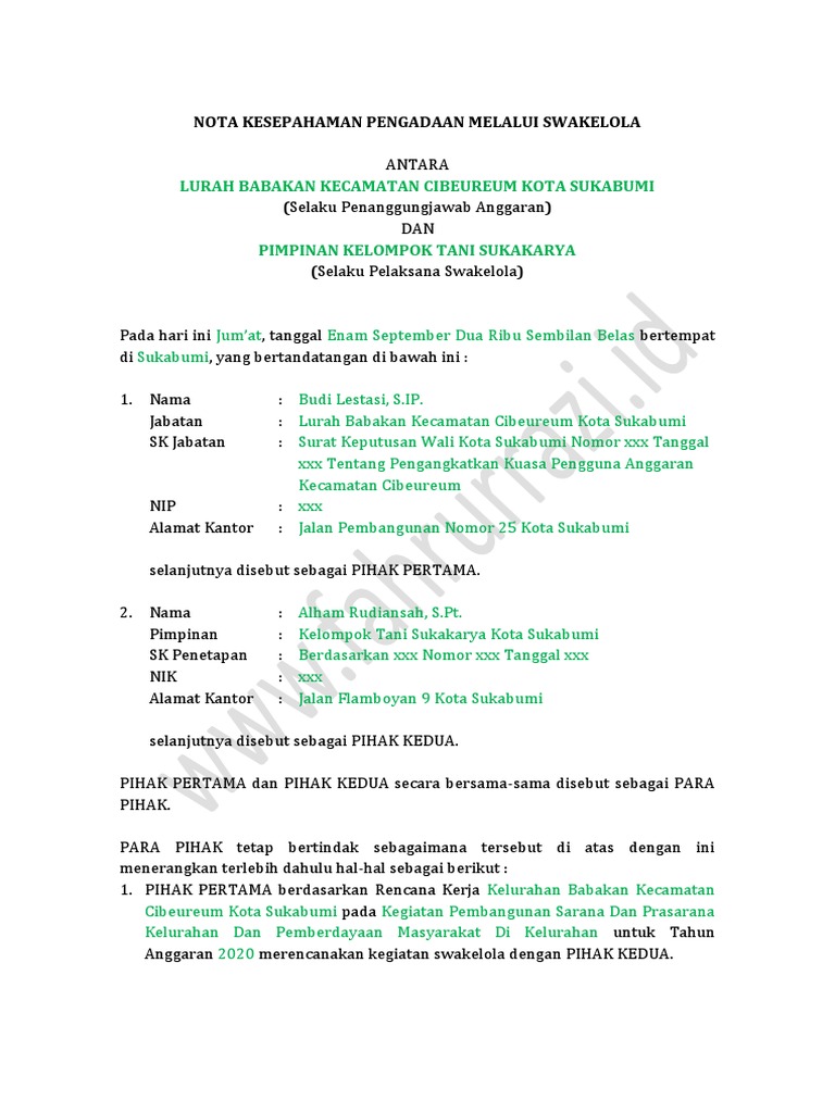 Contoh Format Nota Kesepahaman Swakelola Tipe 4 (Pokmas Dana Keluarahan) | PDF