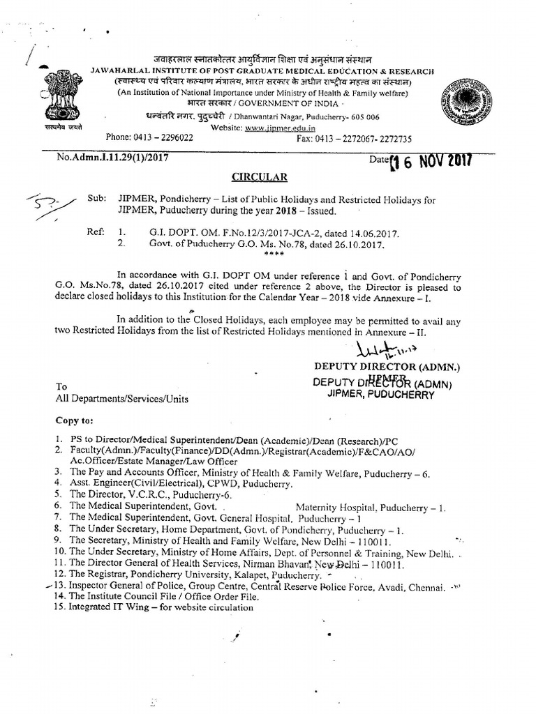 List of Public Holiday & Restricted Holidays For JIPMER During | PDF