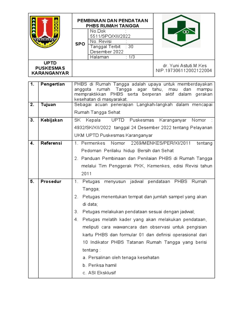 Sop Pembinaan Dan Pendataan PHBS RT | PDF