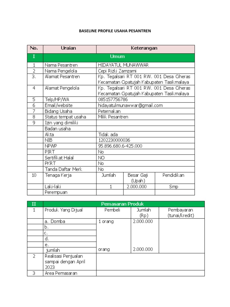 Baseline Profile Usaha Pesantren | PDF