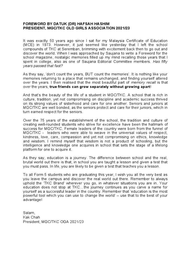Foreword by President Oga for Saujana 2023 | PDF | Cognition