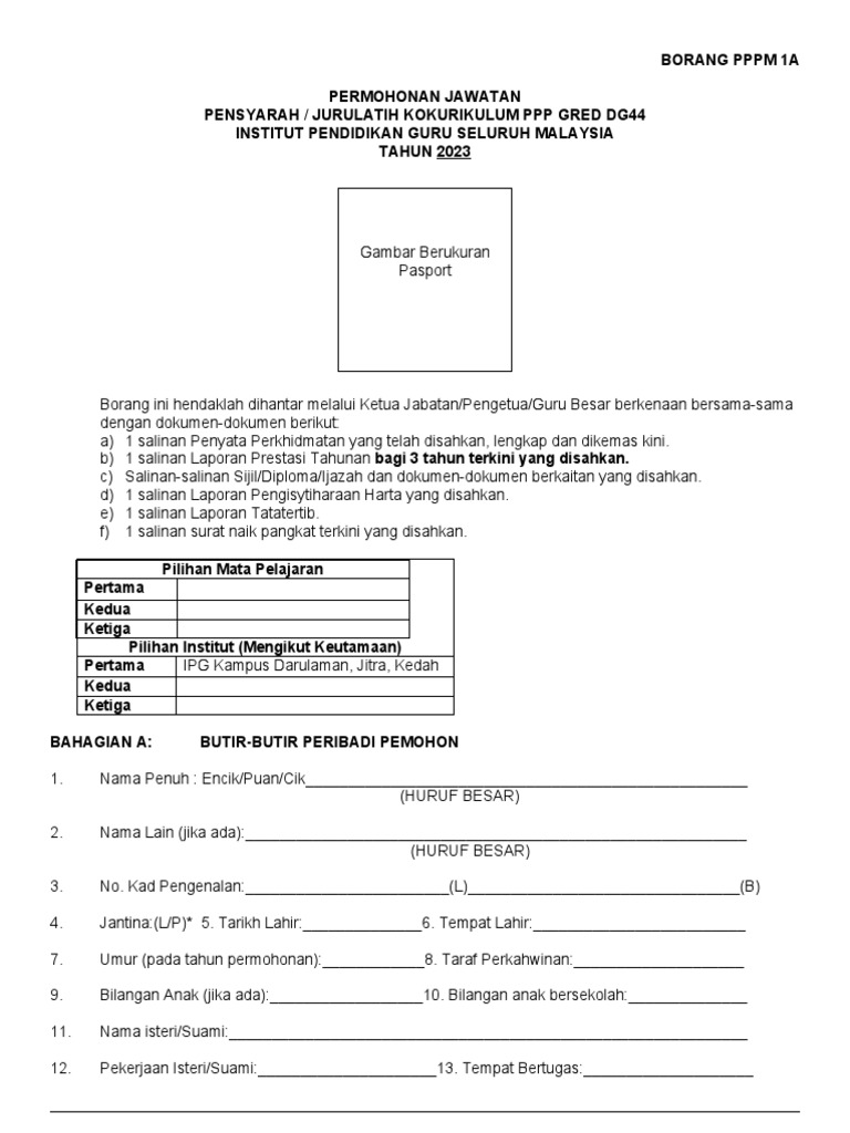 02 BORANG PPPM 1A Pensyarah IPGKDA-kemaskini 7feb2023 | PDF