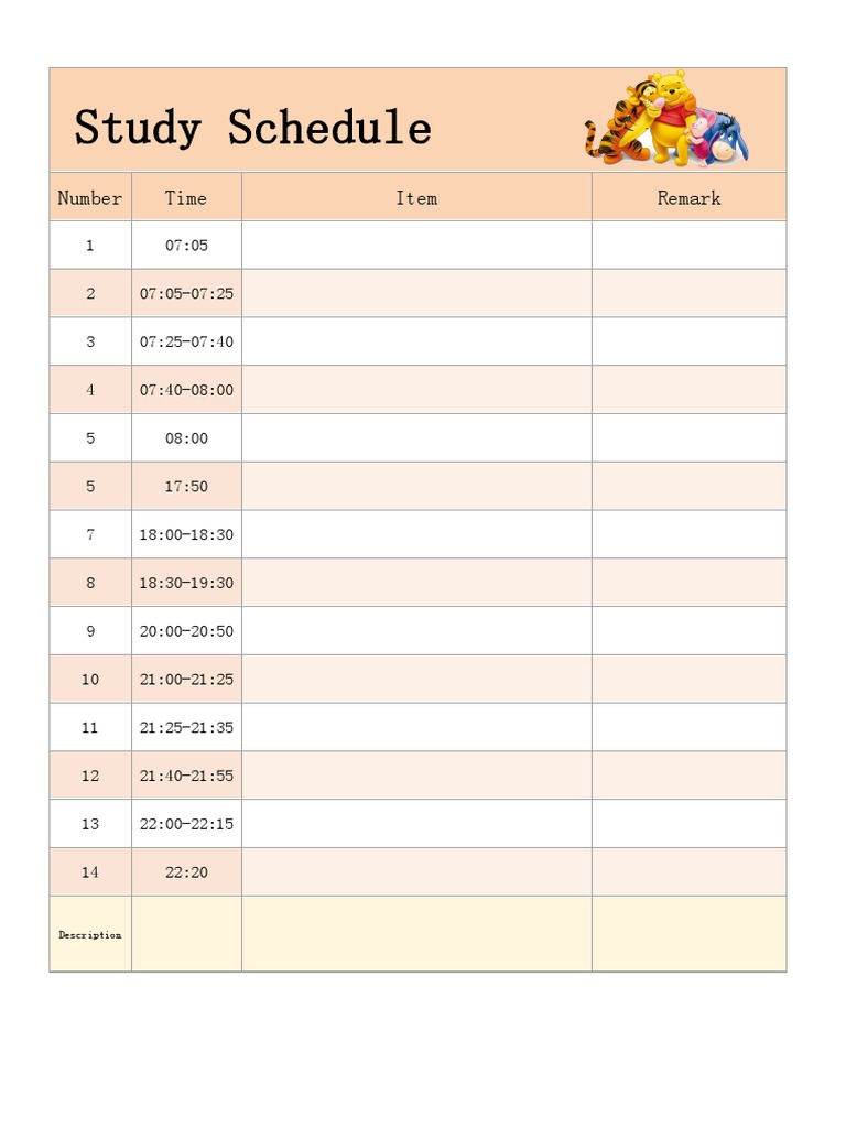 Study Schedule: Number Time Item Remark | PDF