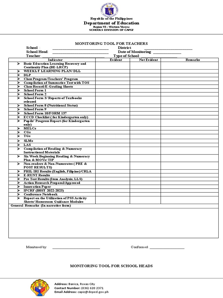 Teacher and School Head Monitoring Tool | PDF | Learning