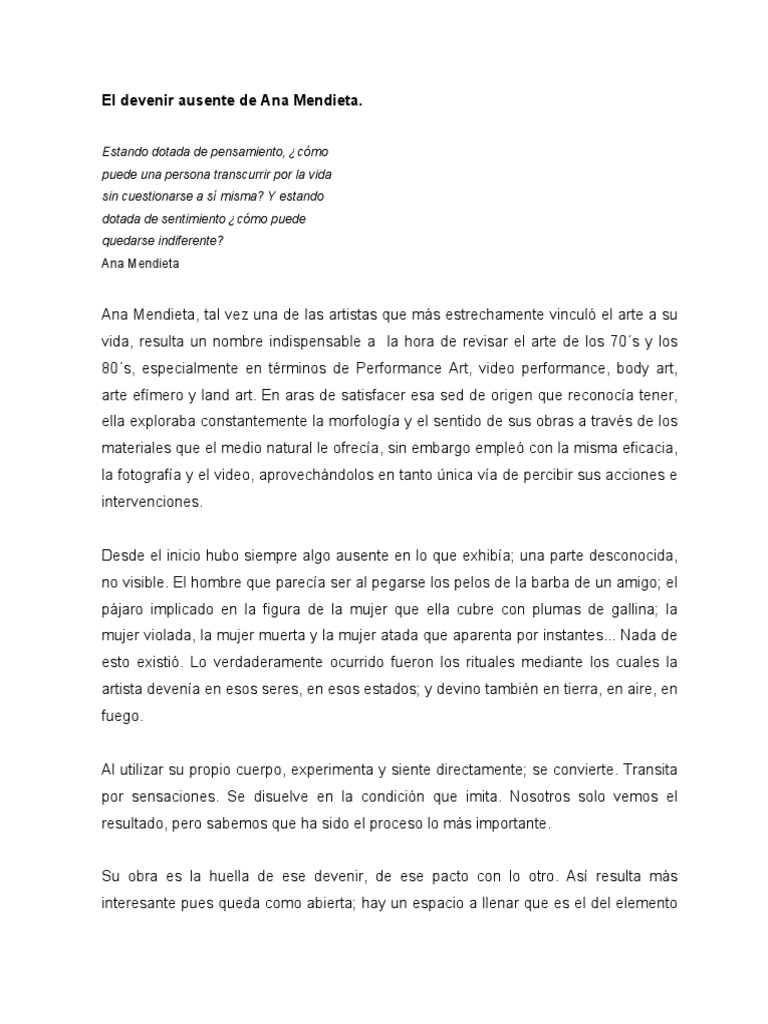 Ana Mendieta: Devenir y Ausencia en su Arte | PDF | Arte de performance