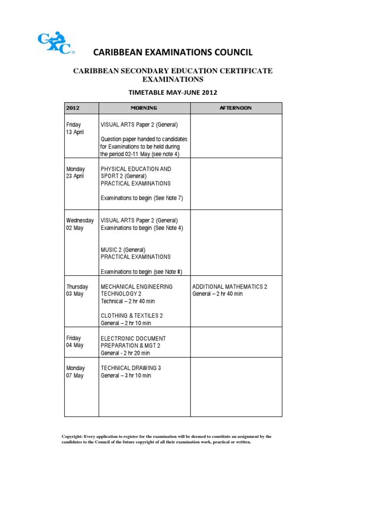 Timetable CSEC 2012 May-Jun Draft | PDF | Test (Assessment) | Engineering