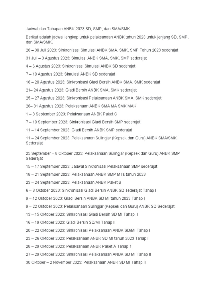 Jadwal Dan Tahapan ANBK 2023 SD | PDF | Sains & Matematika
