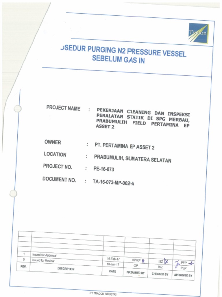 TA-16-073-MP-002-A Prosedur Purging N2 Pressure Vessel Sebelum Gas in R1 (APP) | PDF