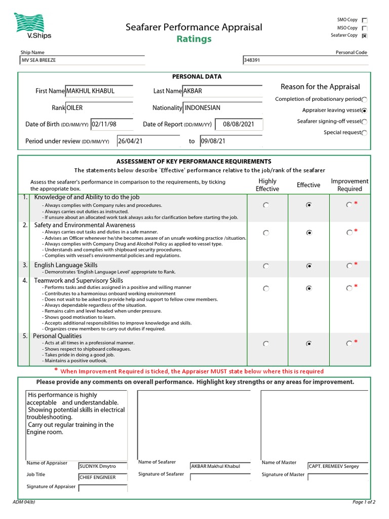 Seafarer Performance Appraisal Rating's | PDF | Sailor