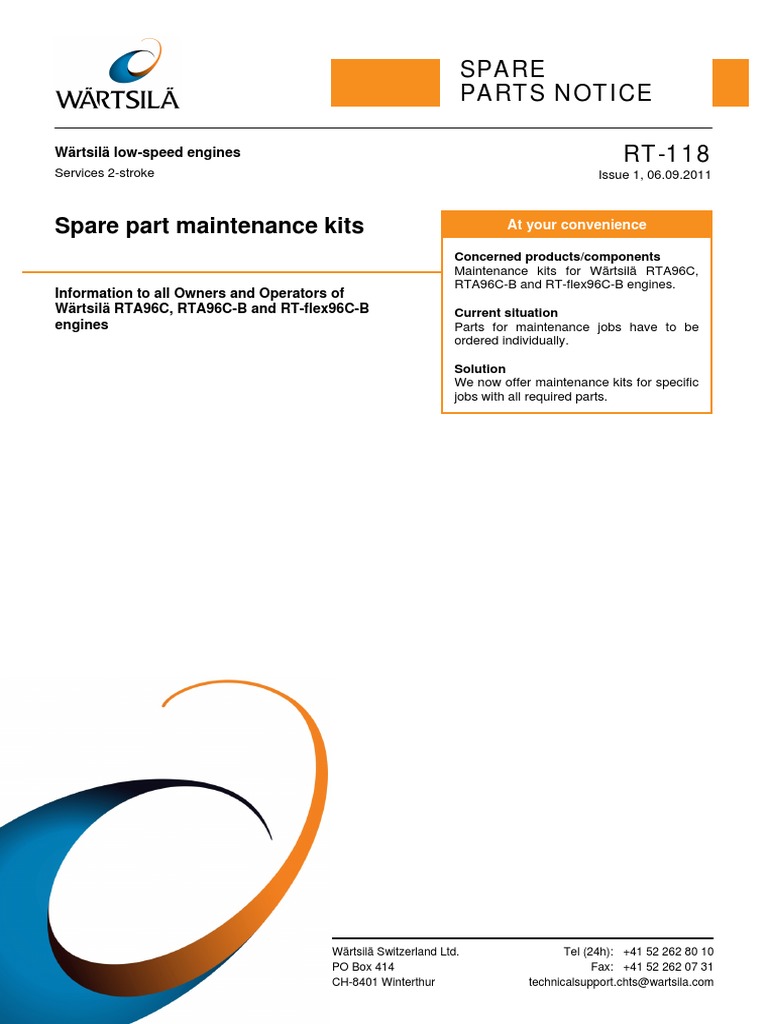 Wärtsilä RTA96C Maintenance Kits Guide | PDF | Piston | Valve