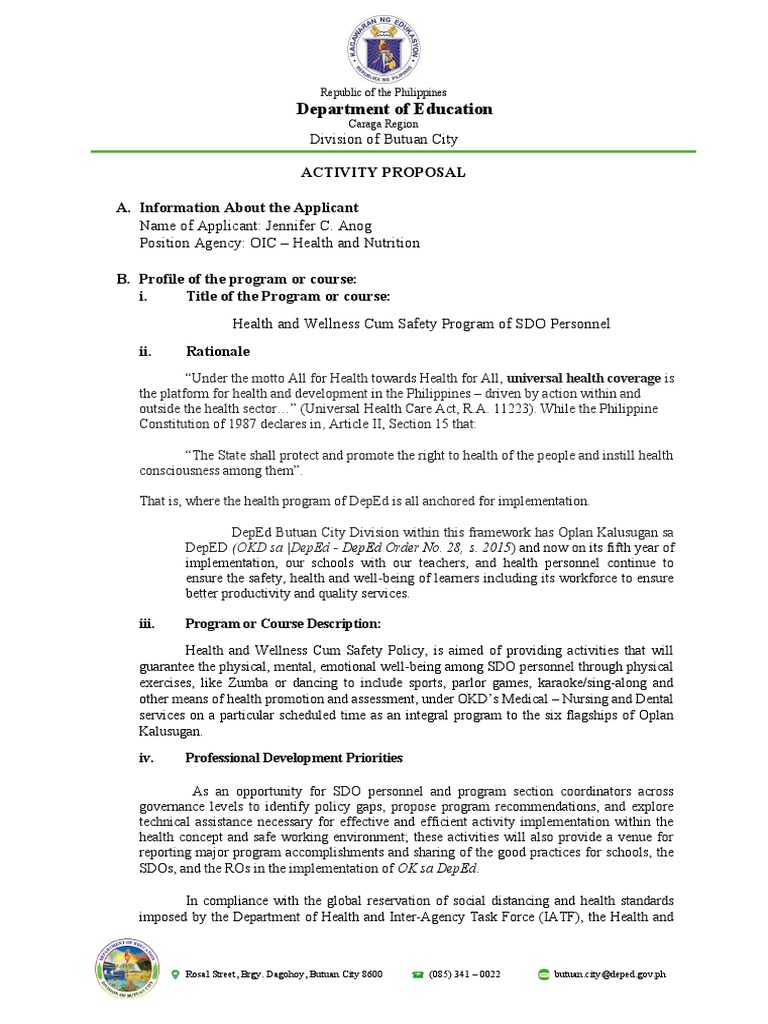 Activity Proposal HEALTH AND WELLNESS | PDF | Occupational Safety And ...