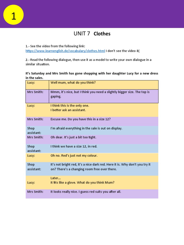 UNIT 7 Activity 1 Clothes | PDF