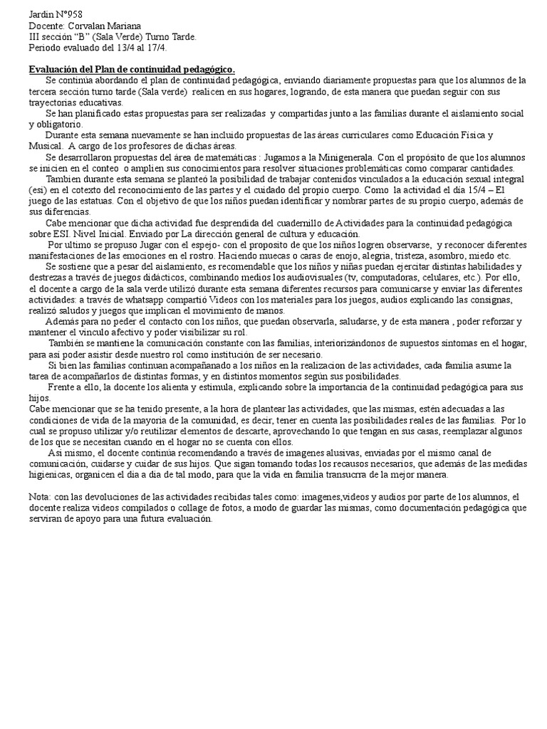 3° Evaluacion Plan de Continuidad Corvalan.M | PDF | Salud y bienestar