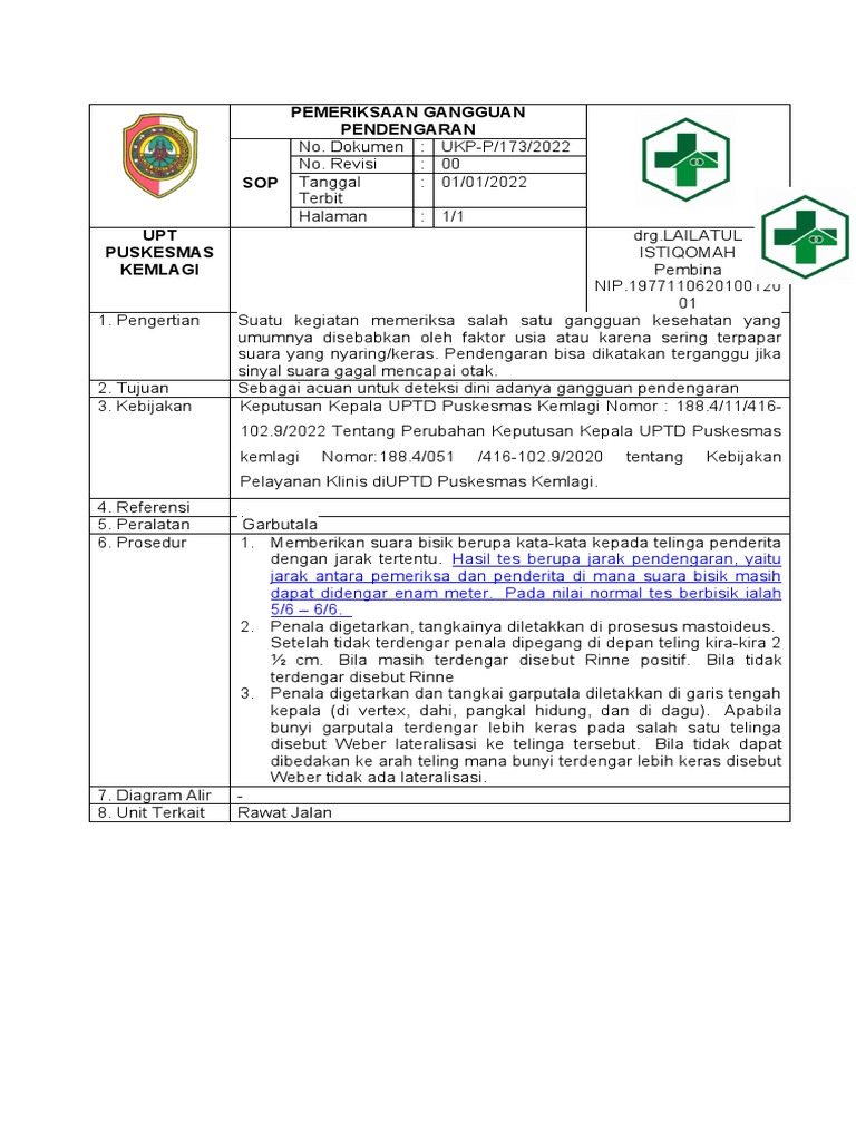 Sop Pemeriksaan Gangguan Pendengaran | PDF Sop Pemeriksaan Gangguan Pendengaran | PDF
