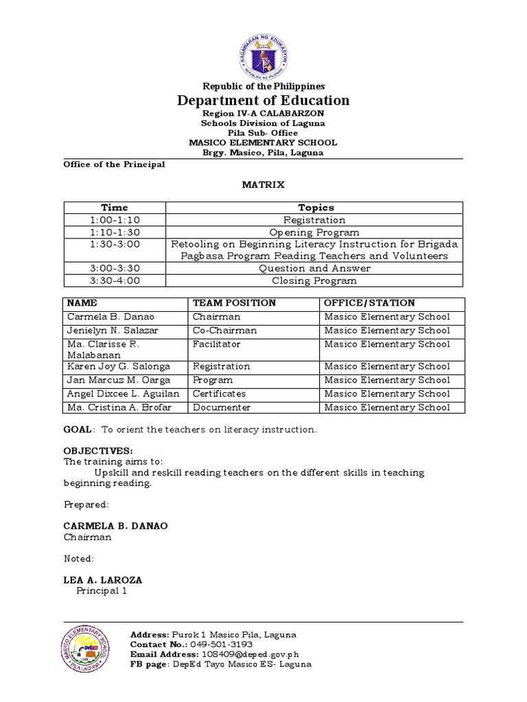 Matrix-Brigada Pagbasa | PDF | Learning | Reading (Process)