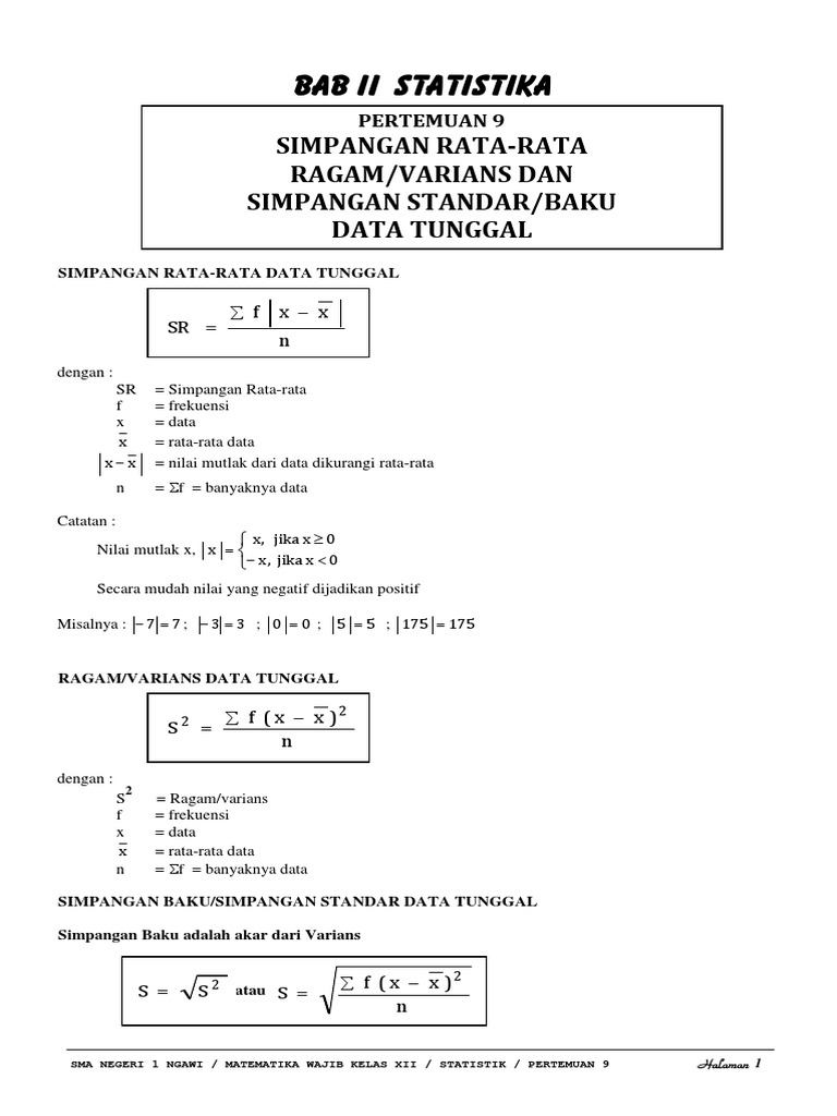 Simpangan Rata-Rata, Varians Dan Simpangan Baku Data Tunggal | PDF