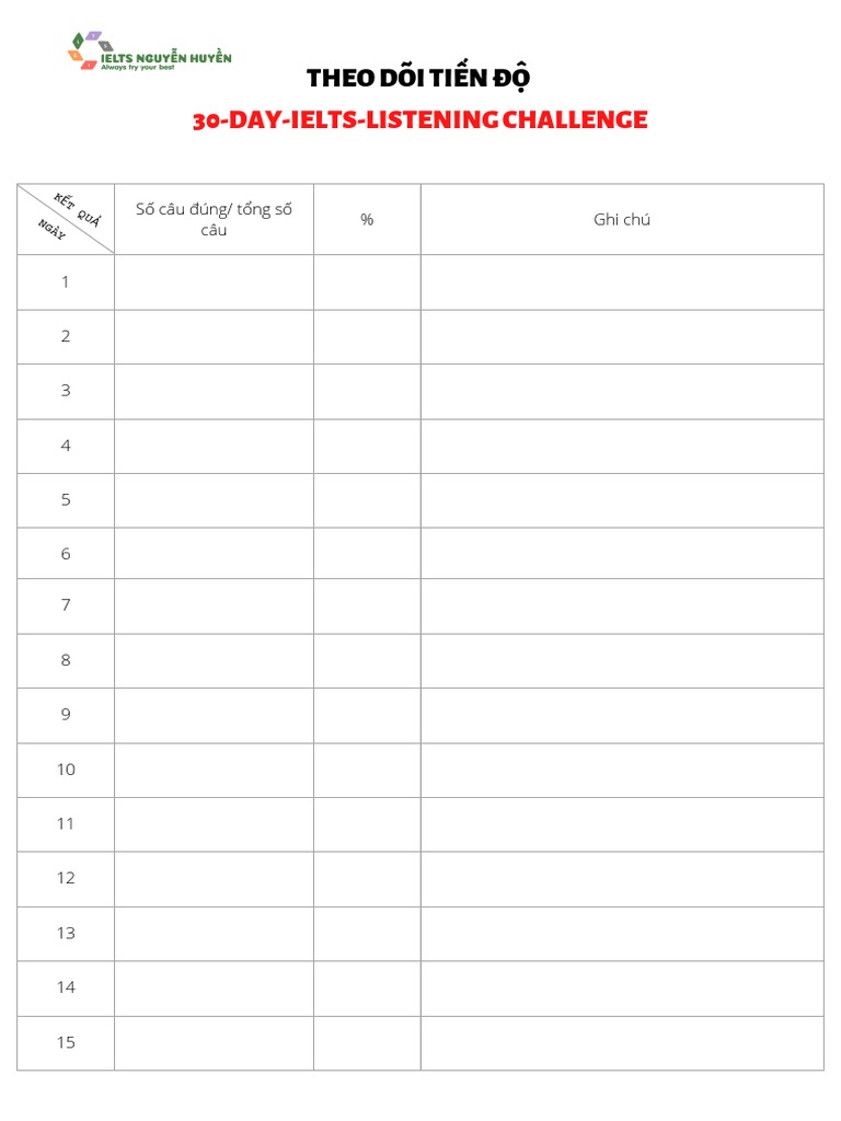 Theo Dõi Tiến Độ 30 Day IELTS Listening Challenge | PDF