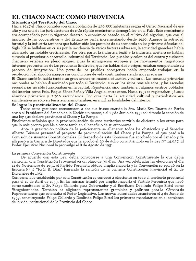 Provincializacion Del Chaco | PDF | América del Sur | Argentina