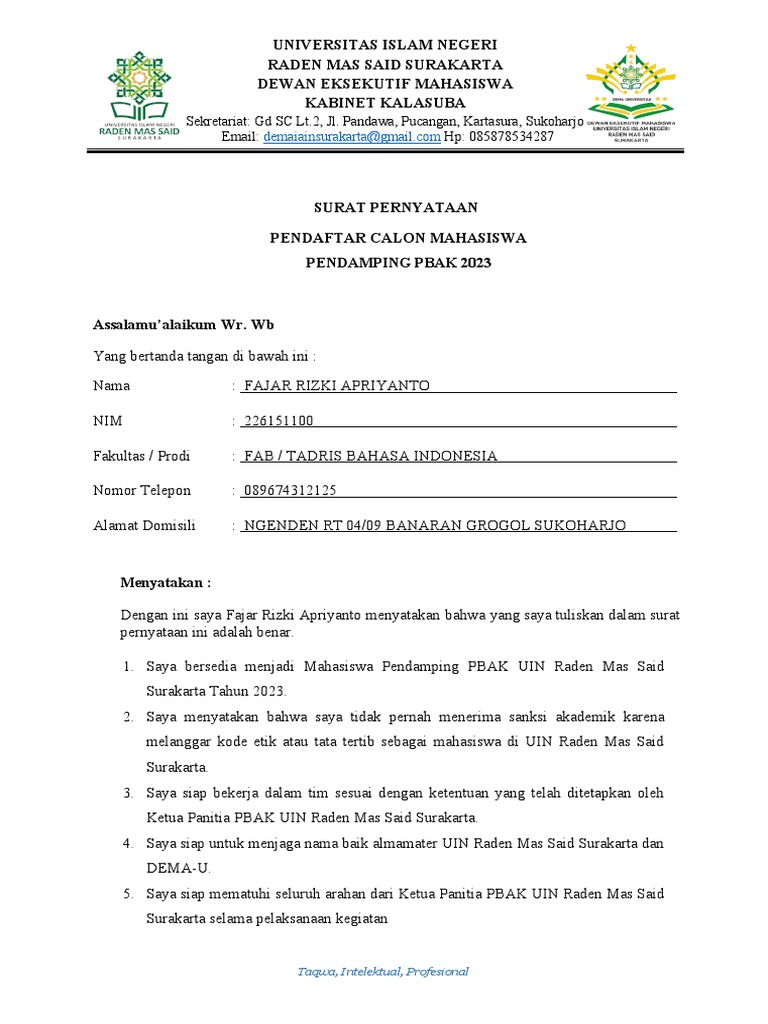 Surat Pernyataan Pendaftaran MP Pbak 2023 | PDF