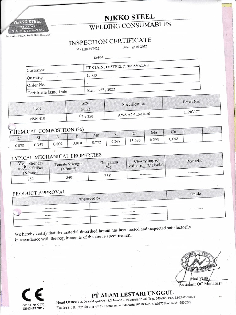Sertifikat Kawat Las Er410 Aws # 3.2 MM | PDF