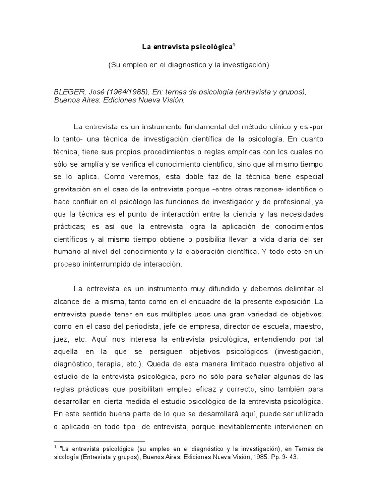 La Entrevista Psicológica - Bleger | PDF | Sicología | Ansiedad