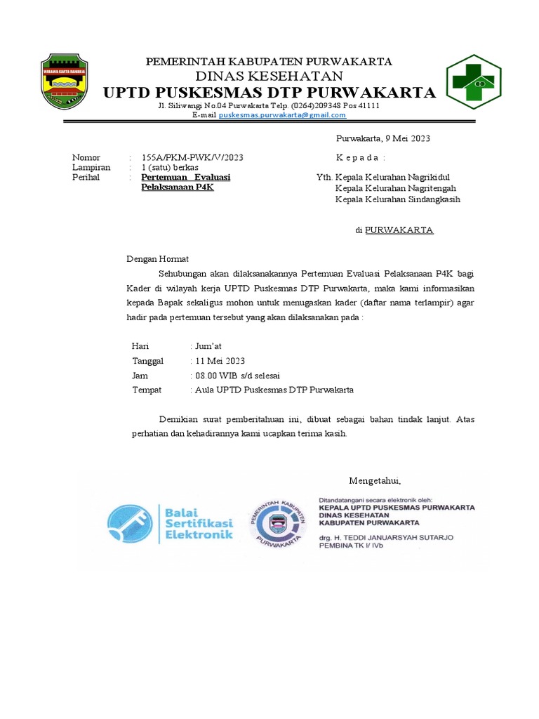 Surat Undangan Pertemuan Evaluasi Pelaksanaan P4K | PDF