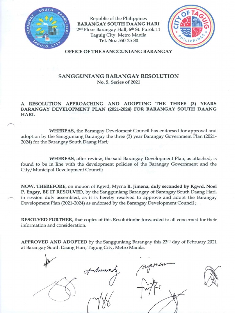 Sangguniang Barangay Resolution No. 5, Series of 2021 - Page 1 | PDF