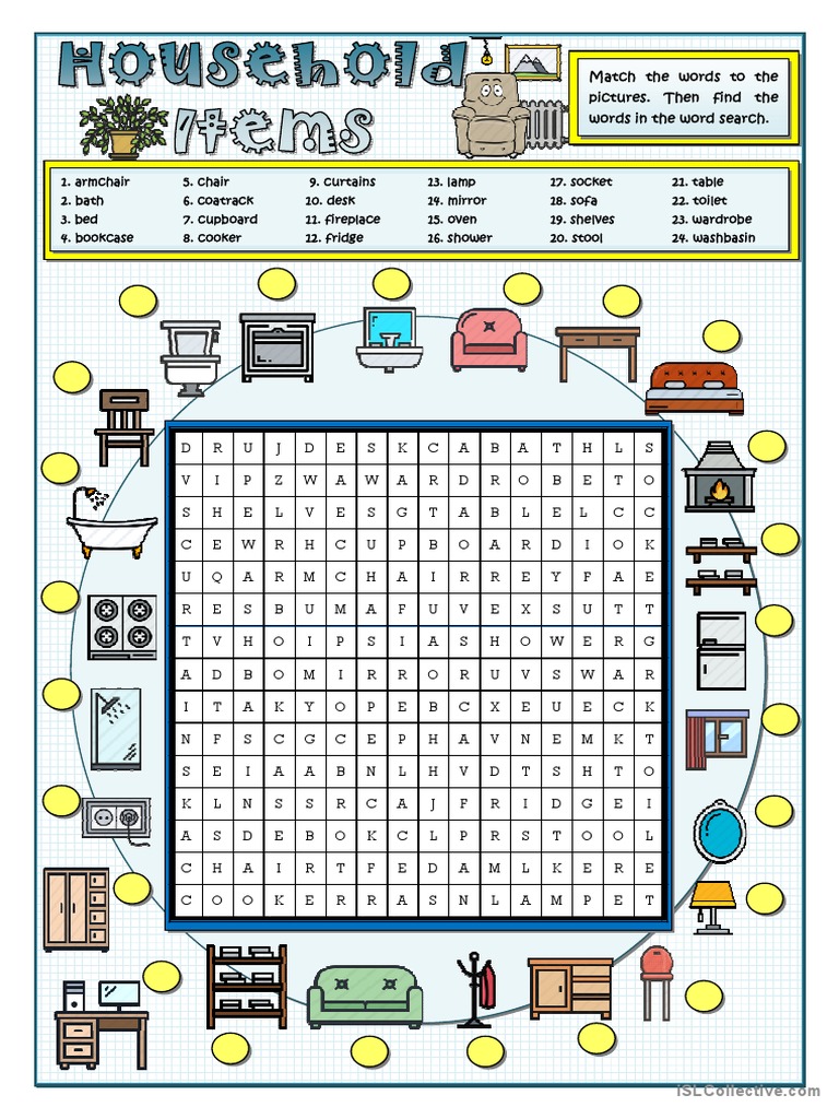 Household Items Word Search Worksheet | PDF