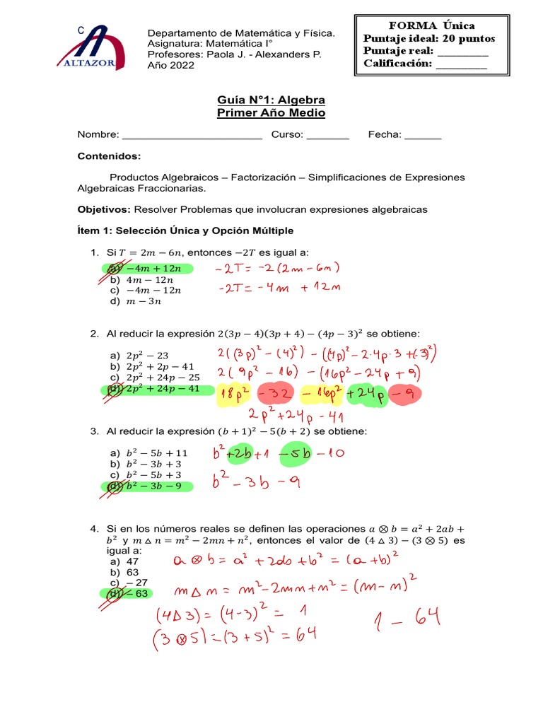 Guía Álgebra Evaluada | PDF | Matemáticas | Álgebra