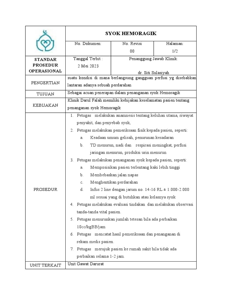 Syok Hemoragik: Standar Prosedur Operasional | PDF
