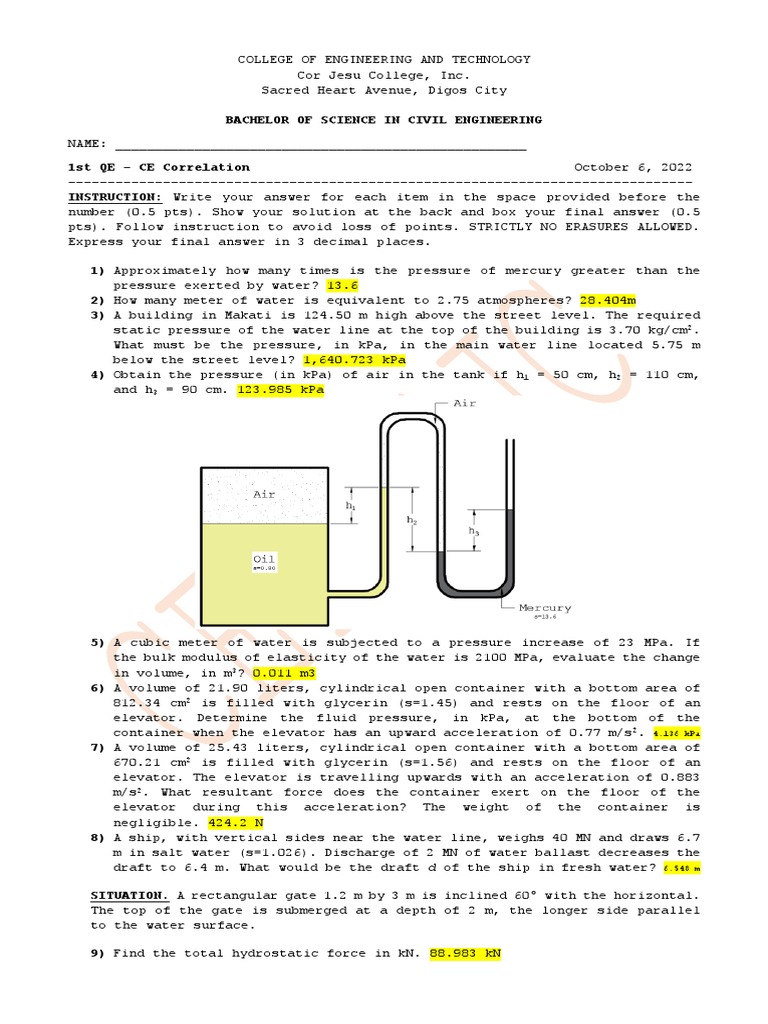 1st QE Answer Key Plate No. 1 | PDF | Density | Applied And Interdisciplinary Physics